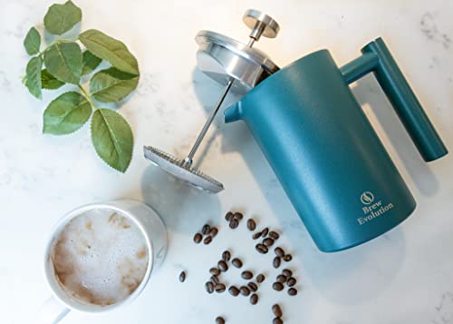 Brew Evolution 20 oz Stainless Steel French Press Coffee Maker | Double Walled Insulated Coffee & Tea Brewer Pot & Maker | Keeps Brewed Coffee or Tea Hot | 600 ml, Hawaiian Blue