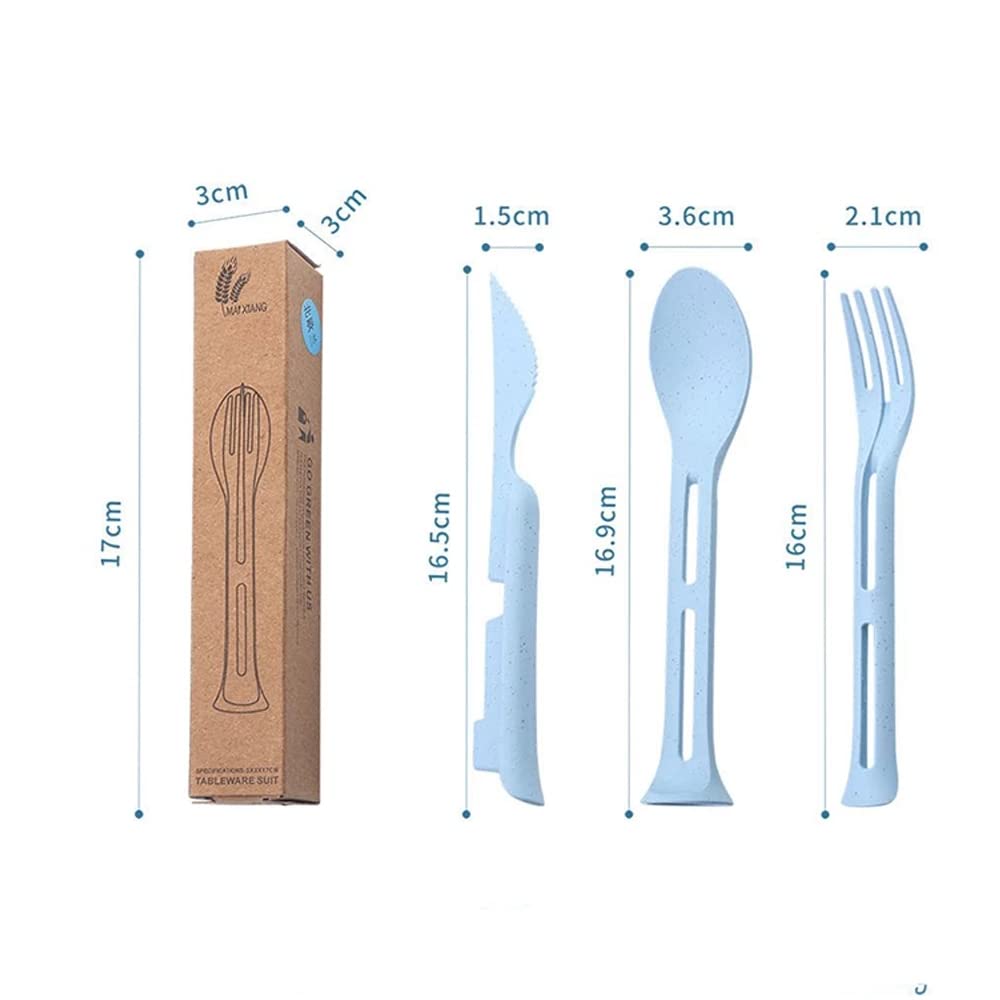 3pcs/set 3 in 1 Travel Portable Cutlery Set Japan Style Wheat Straw Knife Fork Spoon Student Dinnerware Sets Kitchen Tableware (Green)