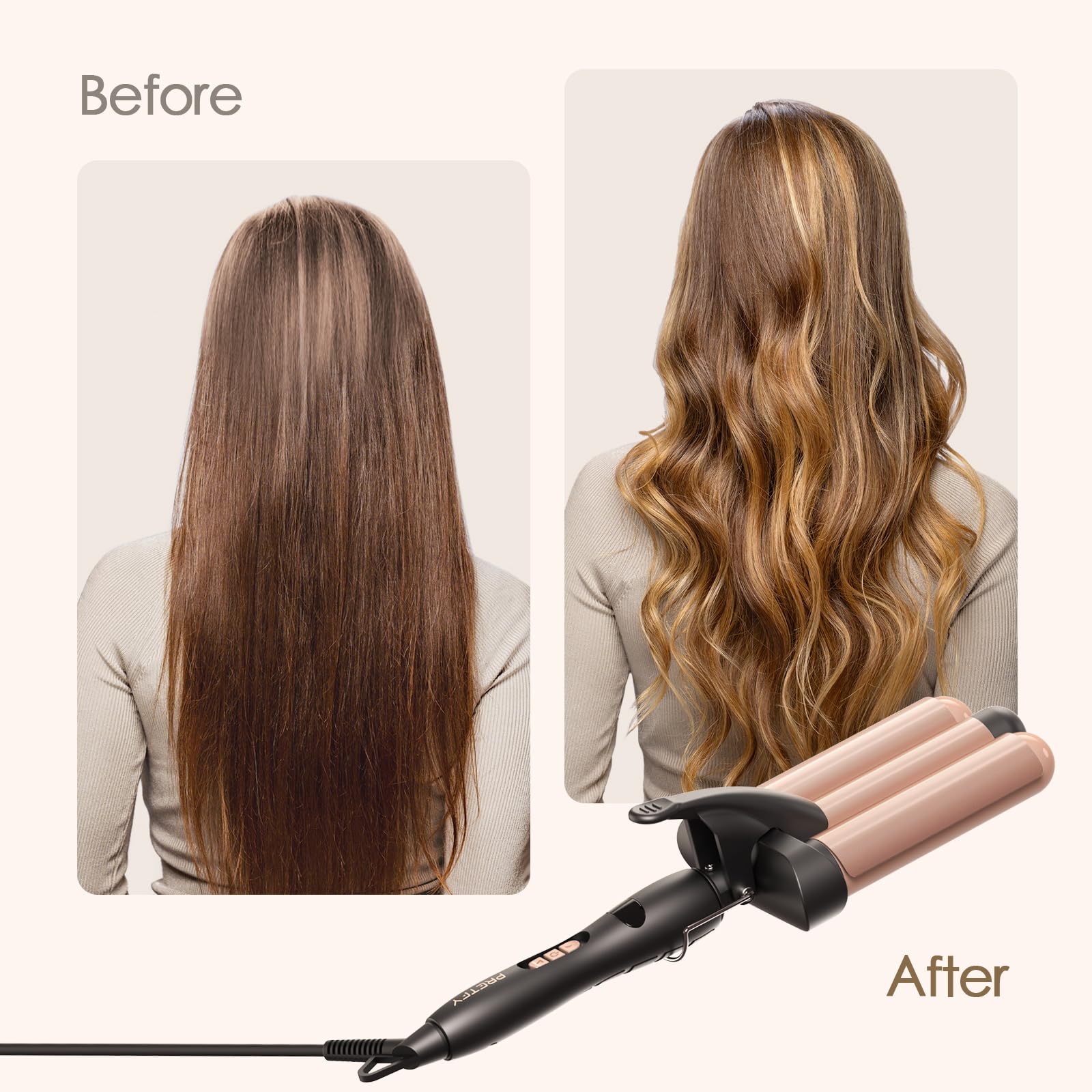 3 Barrel Curling Iron Wand,1.25 Inch Ceramic Tourmaline Triple Barrels,Temperature Adjustable Portable Crimper Hair Iron for Beach Waves,Hair Waver Heats Up Quickly with LCD Temp Display(Rose Gold)