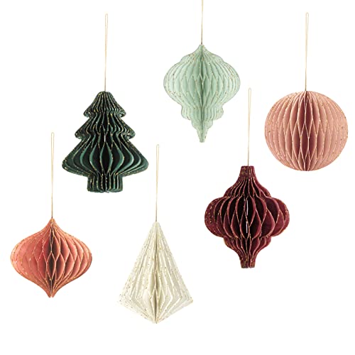AOBKIAT Christmas Party Decorations, 6 PCS 3D Mini Glitter Edge Paper Honeycomb Ornaments, Green, Red Hanging Ornament for Christmas Tree Décor, New Years Party, Christmas Ornaments, Home Decor