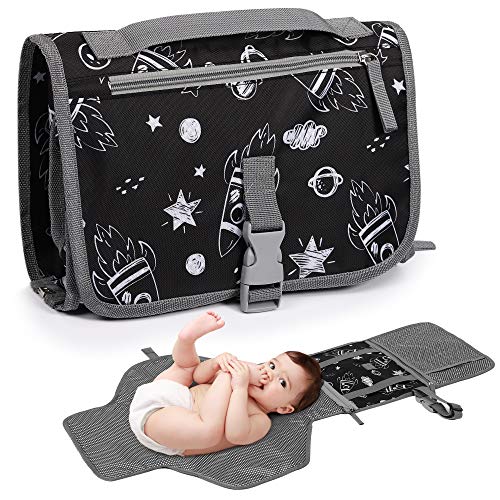 TILLYOU Portable Changing Pad, Baby Travel Changing Pad for Diaper Bag, Diaper Changing Mat with Foam Head Pillow and Extra Pockets, Baby Stuff for Newborn, Baby Shower Gifts (Star Rocket)