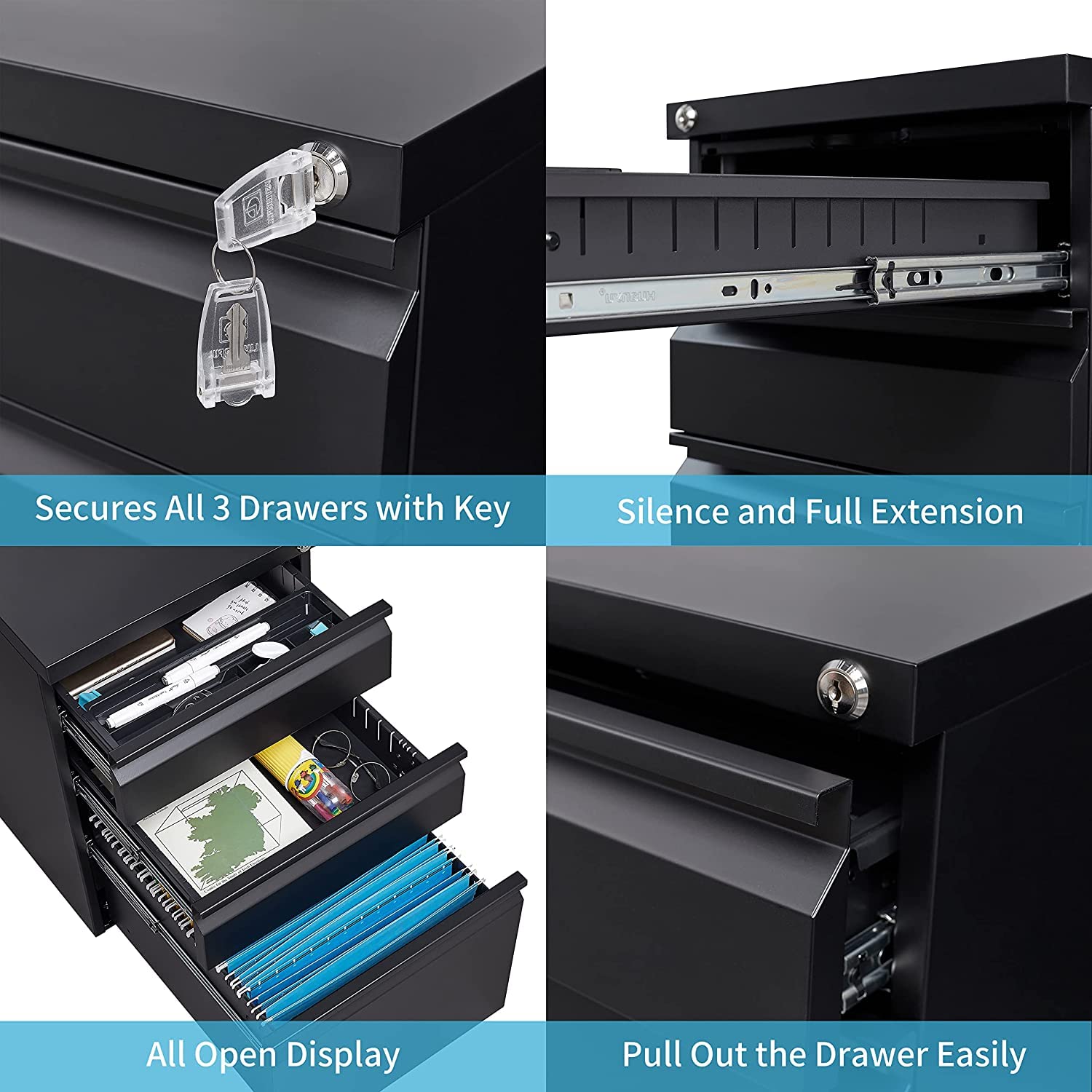 3 Drawer Locking File Cabinet, Under Desk Metal Filing Cabinet for Legal/Letter/A4 File, Fully Assembled Include Wheels, Home/Office Design (Black)