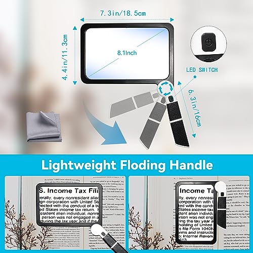5X Magnifying Glass for Reading, Full-Page Large Rectangle Lighted Magnifier with Dimmable 48 LED Light, Folding Handheld Magnifiers Gifts for Macular Degeneration Seniors Reading Newspaper, Books