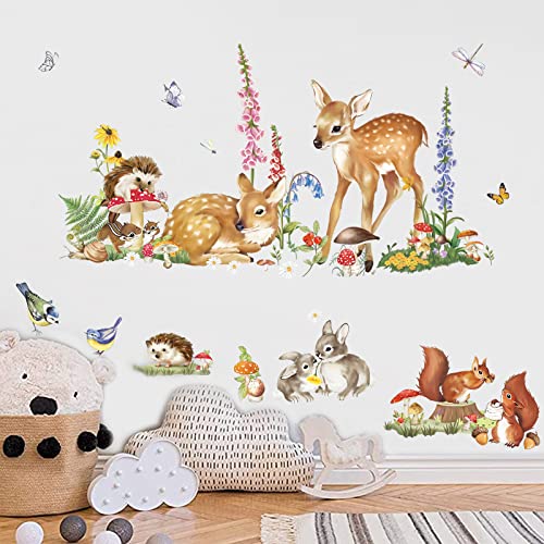 decalmile Woodland Animal Wall Decals Deer Rabbit Squirrel Wall Stickers Kids Bedroom Baby Nursery Wall Decor