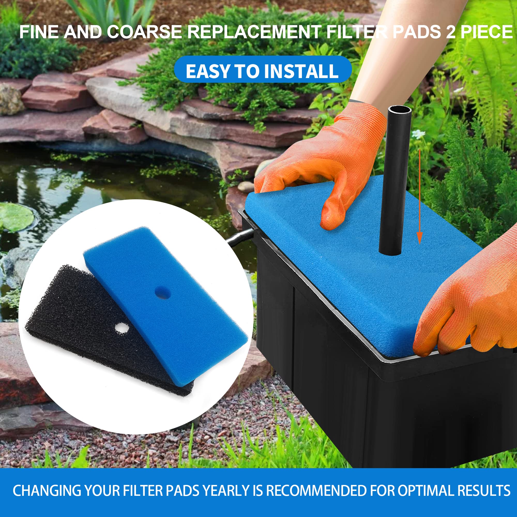 2PCS Pond Replacement Filter Pads,Coarse and Fine Pads for Pond Pump Pre-Filter Box,Blue and Black Sponge Filters Replacement