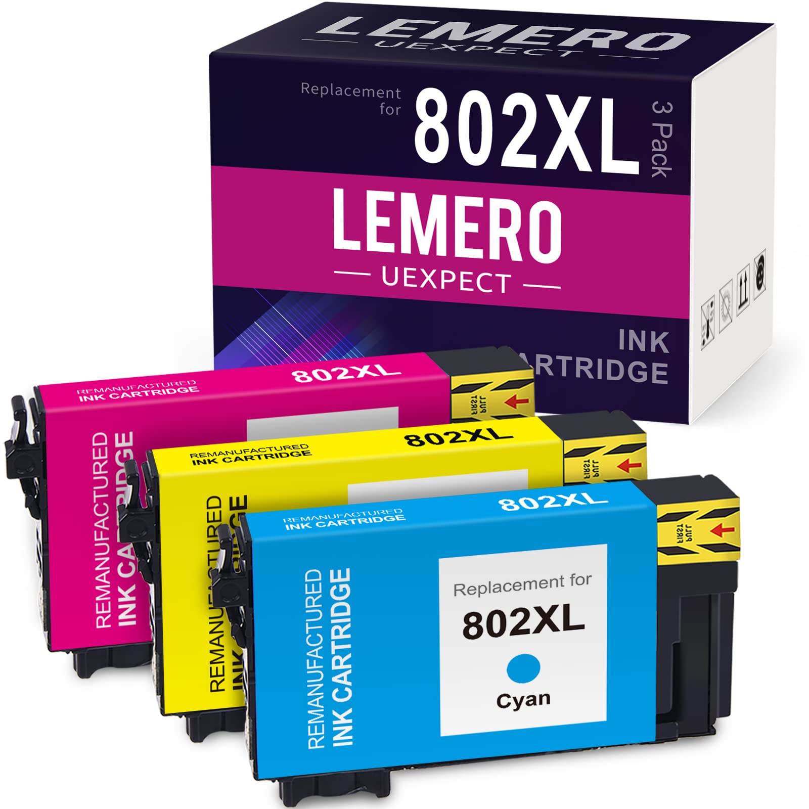 LEMERO UEXPECT Remanufactured Ink Cartridge Replacement for Epson 802XL (Cyan, Magenta and Yellow, 3-Pack)