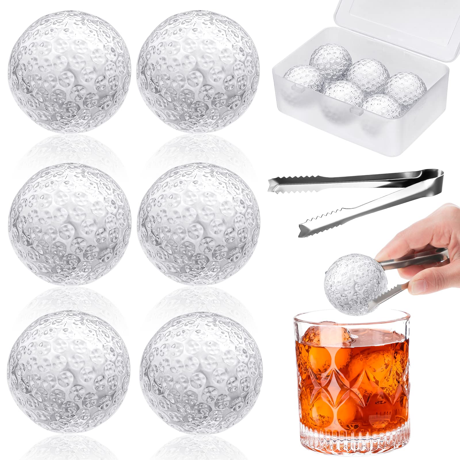 6 Pcs Golf Ball Whiskey Chillers Whiskey Ball Father's Day Gifts for Men Glass Whiskey Rocks Balls Reusable Ice Cubes Chilling Rocks with Tong and Box Glass Bourbon Rocks for Husband Dad Brother