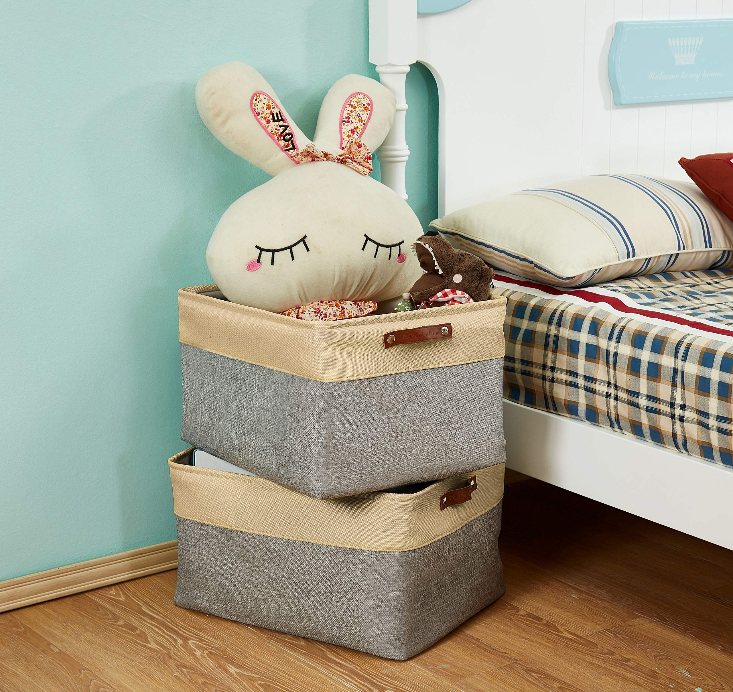 DECOMOMO Storage Baskets | Large Storage Bins Fabric Baskets for Organizing Laundry Nursery Toys Cloth Linen Closet Organizers with Handles (Grey and Beige, XXXXL - 3 Pack)