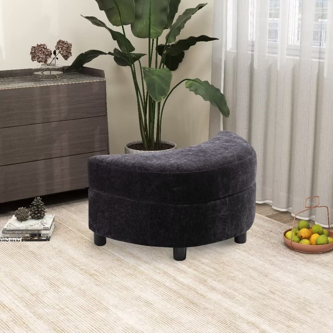 32.7" Half Crescent Moon Storage Bench, Chenille Upholstered Large Ottoman with Tray & Padded Seat, Side Table Dressing Shoe Bench Foot Rest for Living Room, Bedroom, Entryway, Hallway, Black