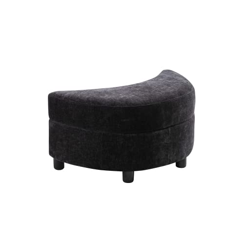 32.7" W Half Crescent Moon Storage Bench, Chenille Upholstered Large Ottoman with Tray & Padded Seat, Serve As Side Table Dressing Shoe Bench Foot Rest for Living Room, Entryway, Hallway, Black
