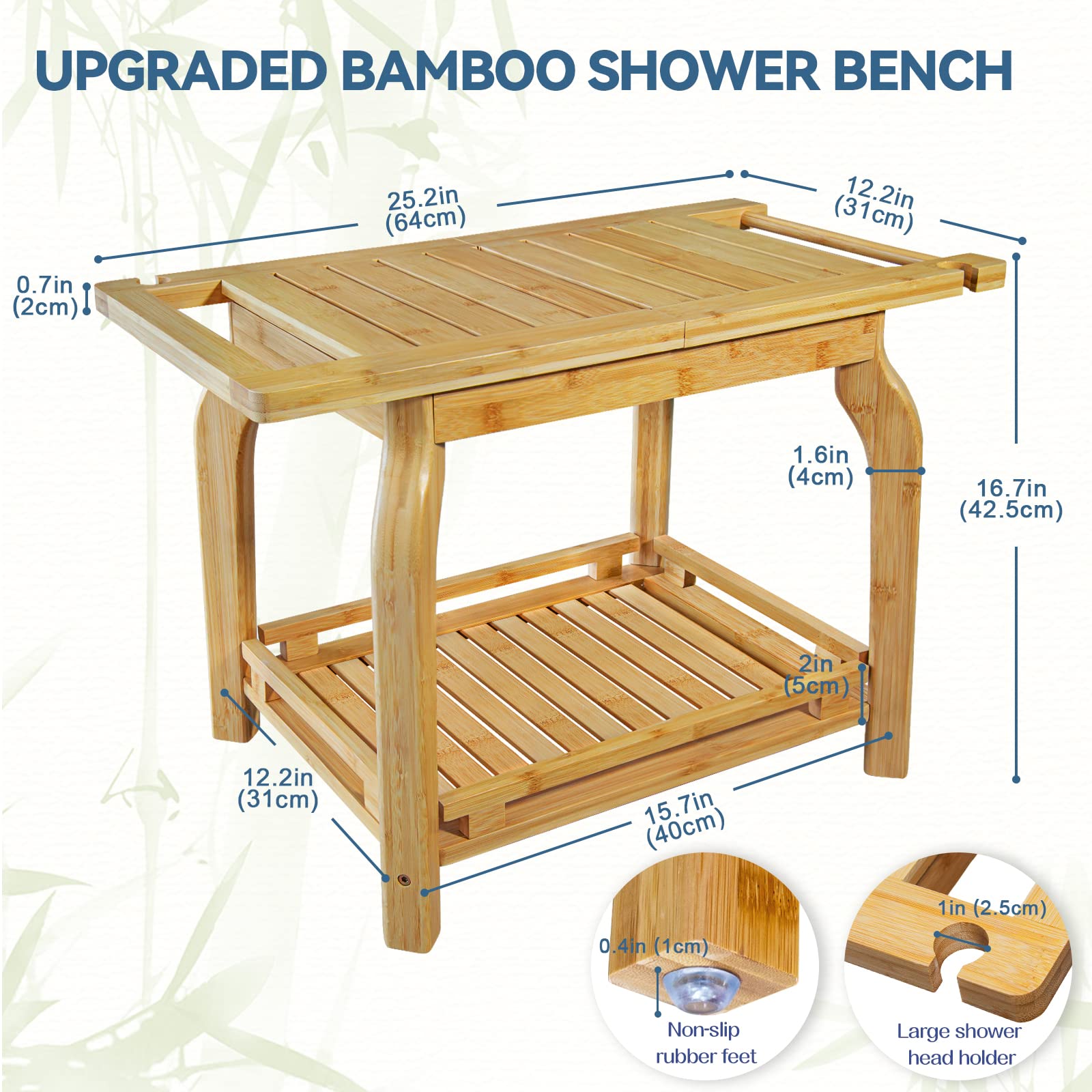 2-Tier Bamboo Shower Bench for Inside Shower Shaving Legs, 25 Inch Waterproof Bathroom Bench Shower Stool with Storage Shelf, Safe & Stable for Seniors Adults Disabled Women
