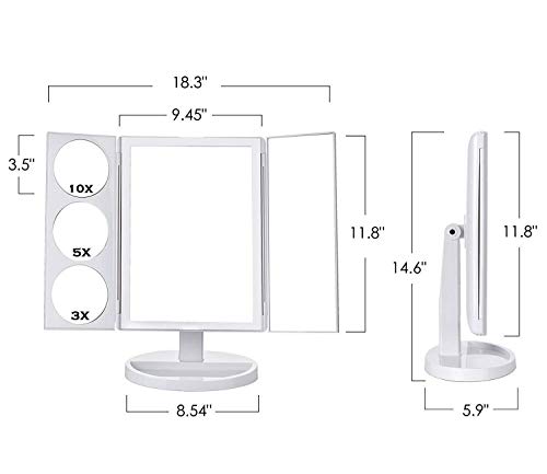 KXA Touch Lighted Makeup Mirror, Desktop Trifold Makeup Vanity Mirror 3X/2X/1X Magnification Dimmable 180° Rotation Illuminated Countertop Cosmetic Mirror