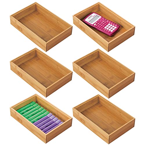 mDesign Wooden Bamboo Drawer Organizer for Office - 9" Long Stackable Storage Box Tray for Desk Drawers/Cabinet - Junk Drawer and Accessories Organization - Echo Collection - 6 Pack - Natural Wood
