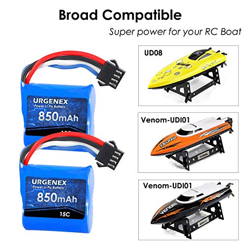 URGENEX Lipo Battery 850mAh 7.4V(2 x 3.7V) RC Boat Battery with SM-4P Plug UDI001 RC Boats Batteries Compatible with RC Boat UDI008