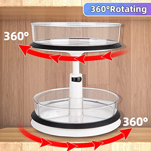 2-Tier Lazy Susan Turntable and Height Adjustable Cabinet Organizer with 1x Large Bin and 3 x Divided Bins, Removable, Clear Spice Rack