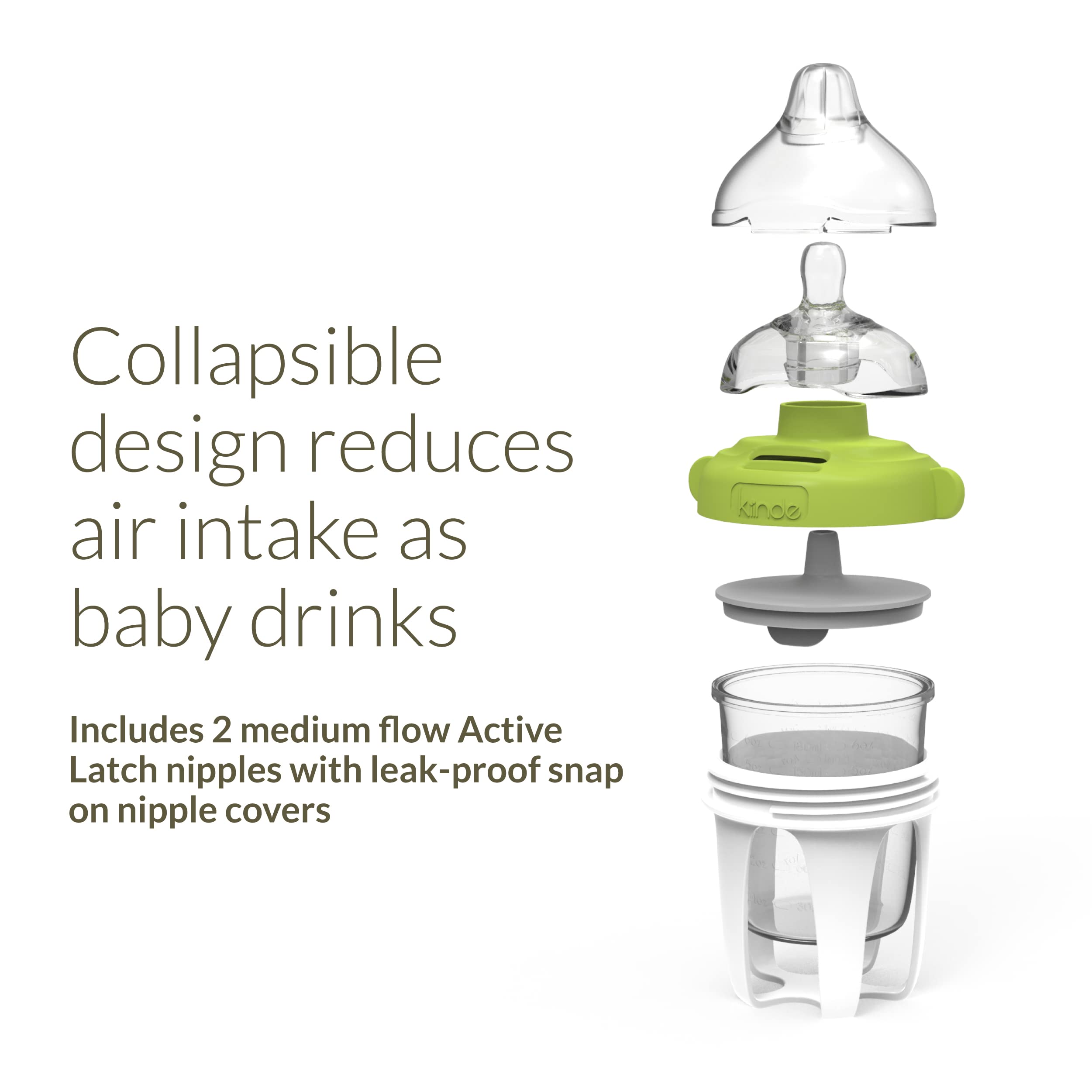 Kiinde Active Latch Silicone Baby Bottle, Anti Colic, Leak Proof, Easy to Clean, Includes 2 Medium Flow Active Latch Nipples with Covers, 4 Ounce, 2 Count, Pink