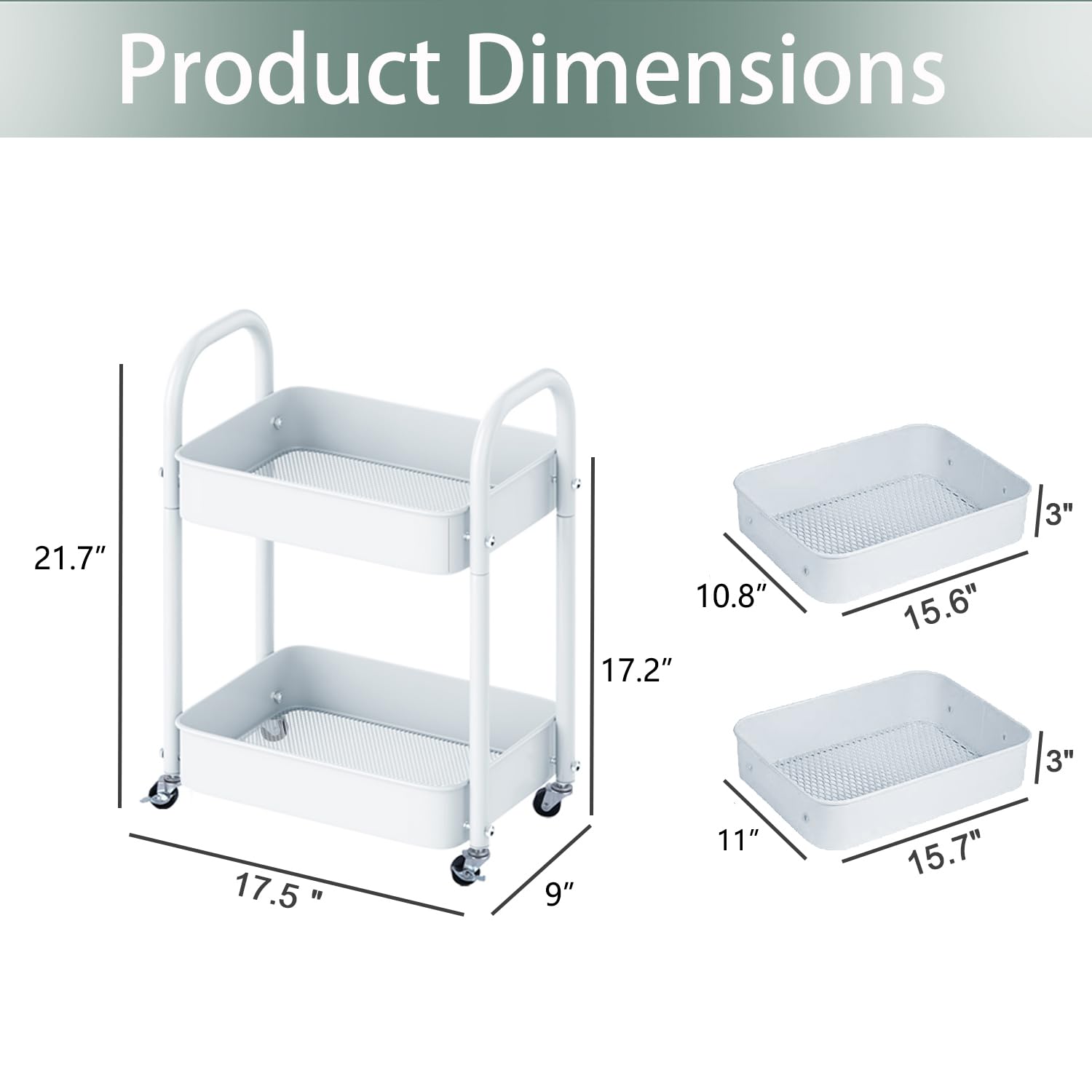 2-Tier Rolling Utility Cart with Handle,Mobile Metal Mesh Trolley with Wire Basket Shelving,Organizer Trolley with Lockable Wheels,Multifunctional Storage cart for Office Kitchen Bathroom,White