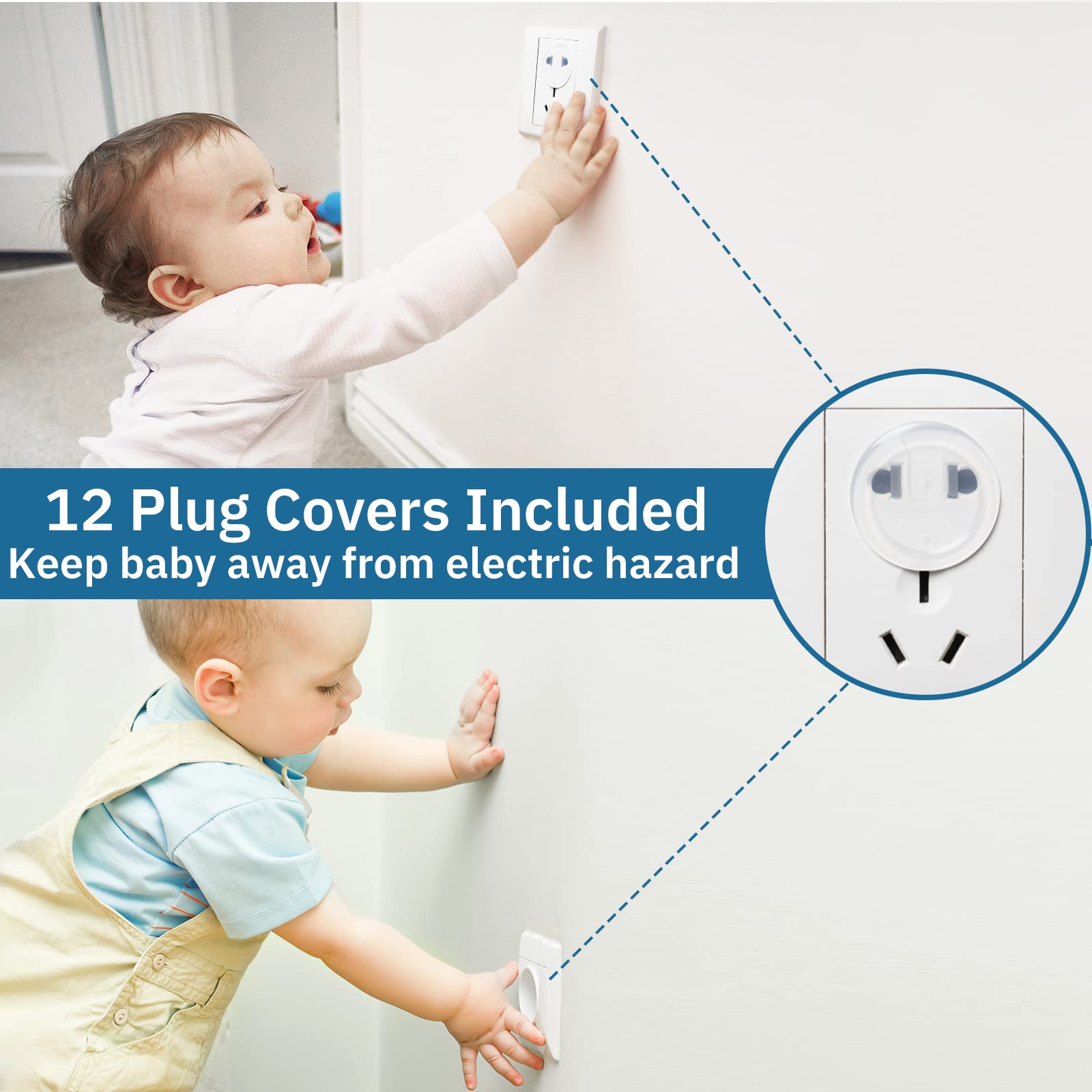 Mum & Cub Child Safety Locks, Baby Proofing Latches for Cabinet, Drawer, Toilet, Refrigerator, Oven, Dresser and More, Strap Design, Strong Adhesive, Easy to Use (4 Locks, 4 Outlet Plug Covers)