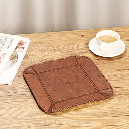 SITHON Valet Tray Desktop Storage Organizer β Premium PU Leather Catchall Tray Bedside Vanity Tray Nightstand Caddy Holder for Remote Controller, Keys, Phone, Wallet, Coin, Jewelry, Brown