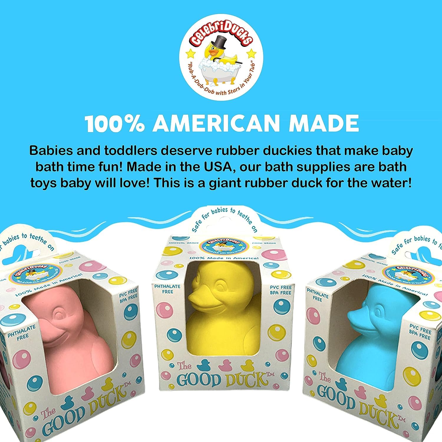 Celebriducks The Good Duck - BPA & PVC Free Rubber Duckie Baby Bath Toy Teether - Yellow