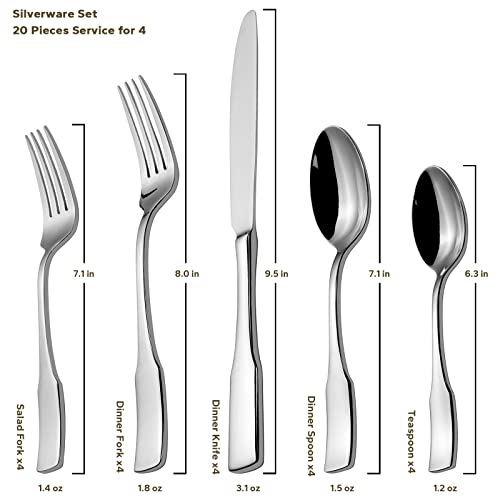 Alata Kate 20-Piece Silverware Set Stainless Steel Flatware Set,Service for 4,Mirror Polished Cutlery Set,Dishwasher Safe