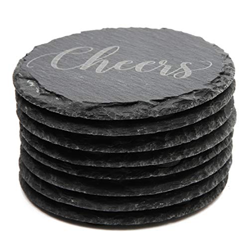 Juvale Round Black Slate Stone Coasters Set with Steel Stand (3.8 Inches, 8 Pack)