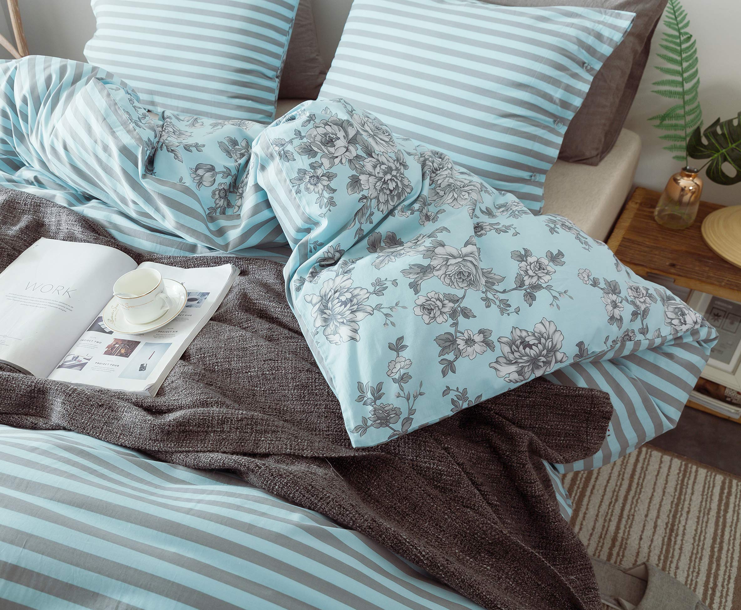 ANNA.Z HOME 3-Piece Cotton Duvet Cover Set. 100% Cotton Percale Fabric. Real Reversible Design. Pre-Washed Printed Fabrics. Soft and Easy Care. Modern Farmhouse Style. (Green, King Set)