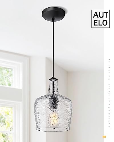 AUTELO Glass Pendant Light 8" Modern Pendant Lighting Hanging Lamps for Kitchen Island with Hammered Glass Shade Hanging Light Fixture H9163