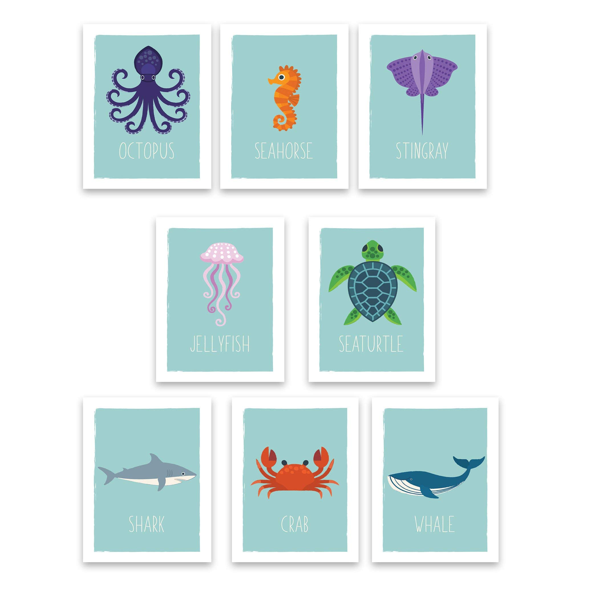 Kindred Sol Collective Ocean Animals Wall Cards, Nautical Nursery Room Decor, Kids Educational Marine Art, Toddler Gift, Set of 8 5x7 inch Prints for Classroom, Daycare and Playroom