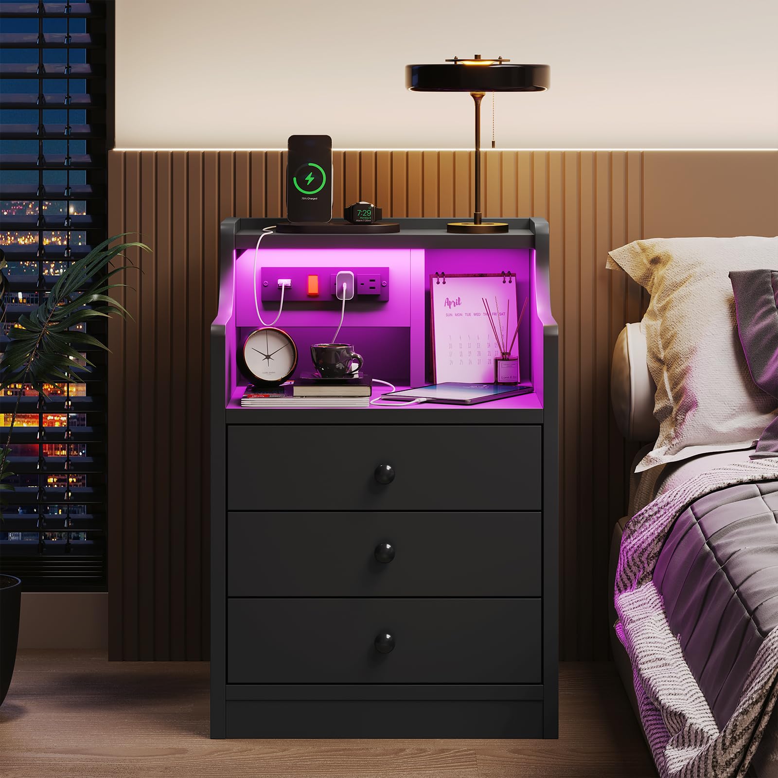 ADORNEVE Black Nightstand Set of 2,LED Nightstand with Charging Station,Bedside Table with Drawers,Modern Side Tables Bedroom