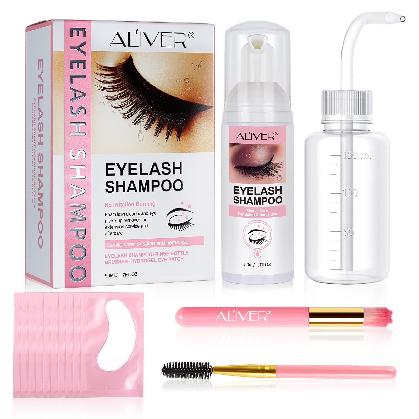 50ml Eyelash Foam Shampoo +10 Pcs Hydrogel Eye Patches+Mascara Brush + Cleaning Brush+ Rinse Bottle, Gentle & Friendly Lash Cleanser, Lash Bath, Eyelash Makeup Clean Just Needs 1-2 Minutes (Set A)