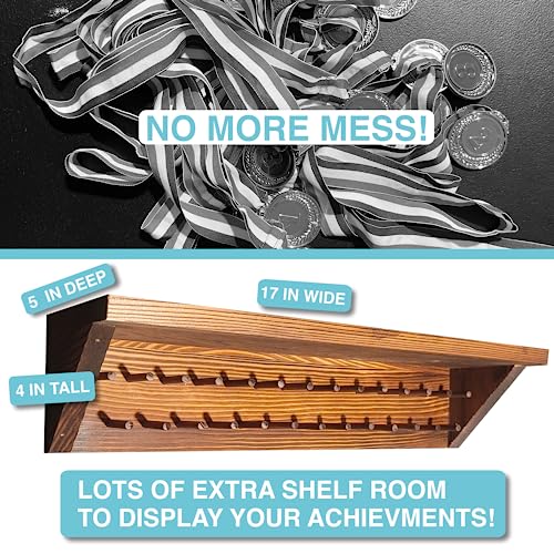Athwana Premium Wooden Medal Display with Reinforced Shelf & Wooden Hooks I Easy Install I More Hooks & Extra Wide Shelf