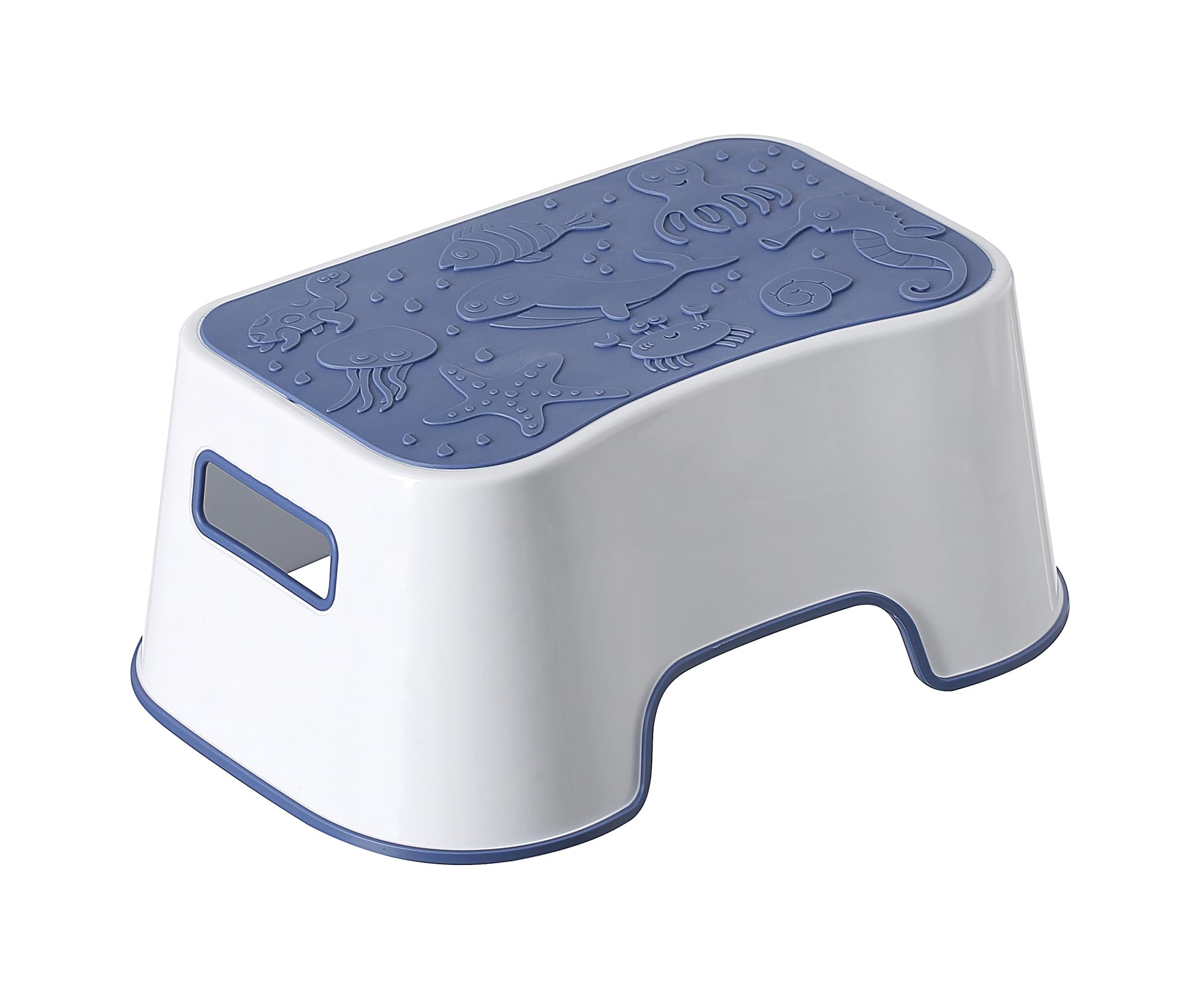 A+KCEYON Step Stool for Kids, Cute Design and Anti-Slip Kids Step Stool with Recessed Handles, Portable Footstool for Kitchen, Bathroom Sink and Toilet Potty Training (Blue-Ocean Motif)