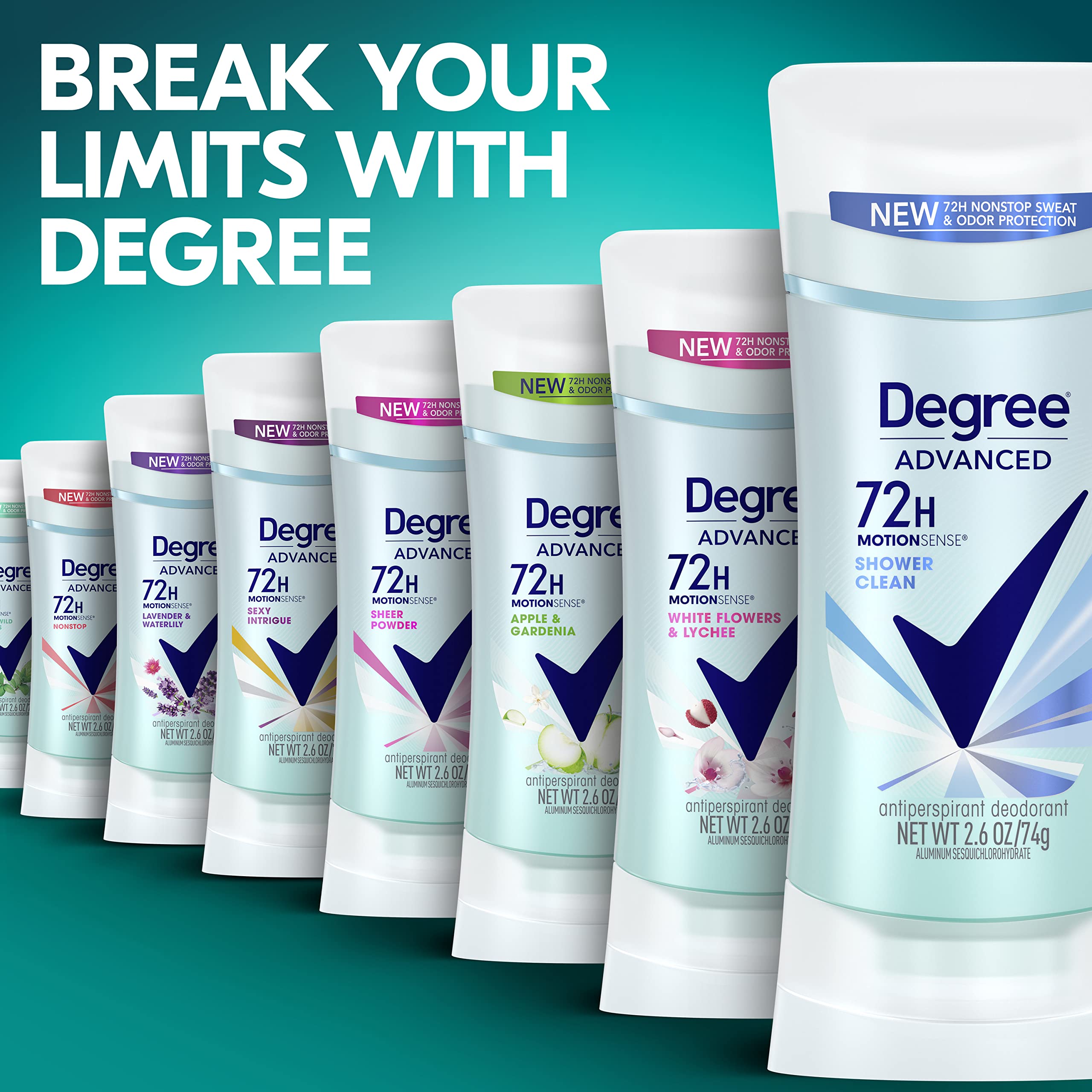 Degree Advanced Antiperspirant Deodorant 4 count 72-Hour Sweat & Odor Protection Shower Clean Antiperspirant for Women with MotionSense Technology 2.6 oz