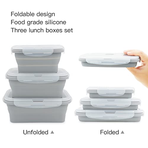 Duoyou Collapsible Silicone Lunch Bento Box, Portable Food Storage Container Outdoor Picnic Box Space Saving, Microwave, Dishwasher and Freezer Safe, 3 Pcs Set (Grey)