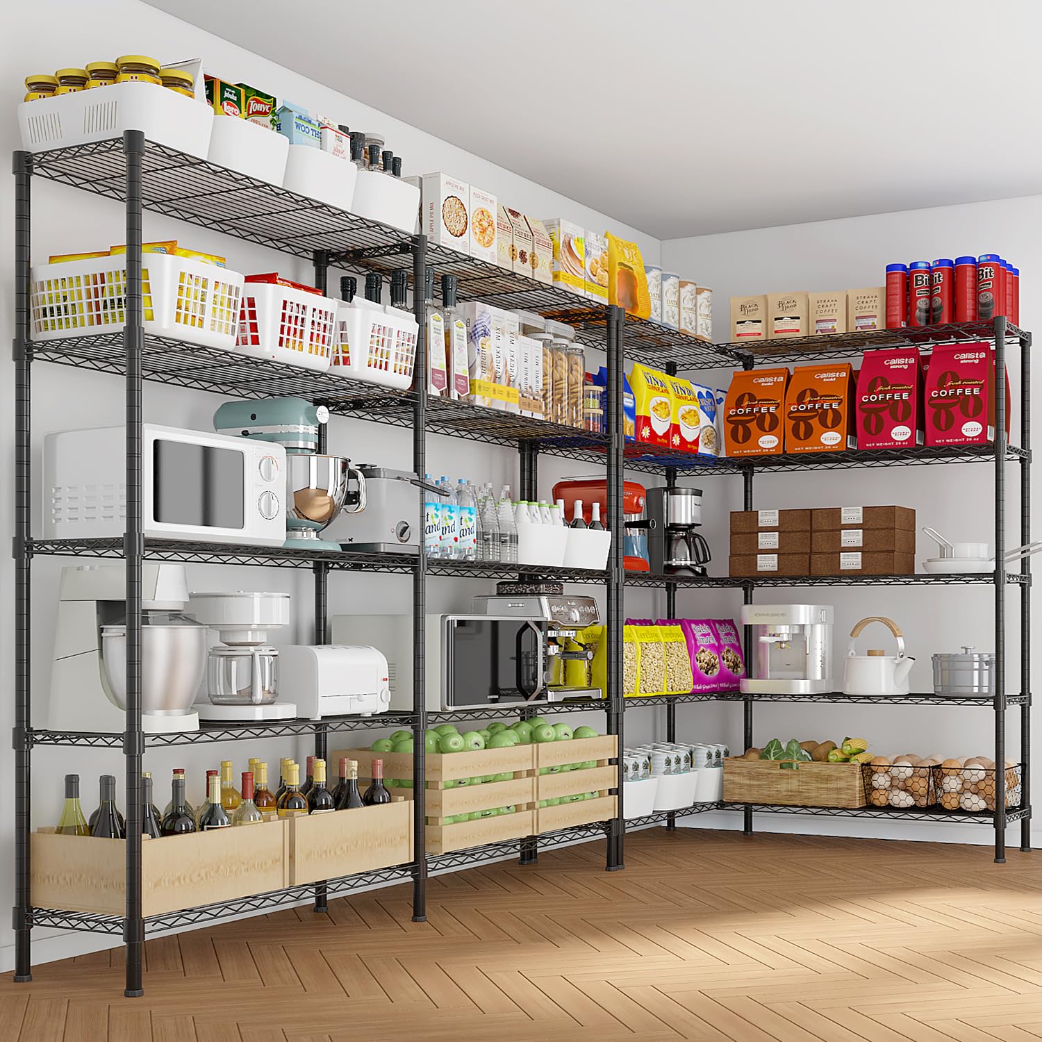 58 inch Wide Shelving Unit, 5 Tier Metal Rack, Pantry Storage Shelves Adjustable Wire Steel Shelving Unit for Heavy Duty Garage, Pantry, Kitchen Carbon Steel Storage Black