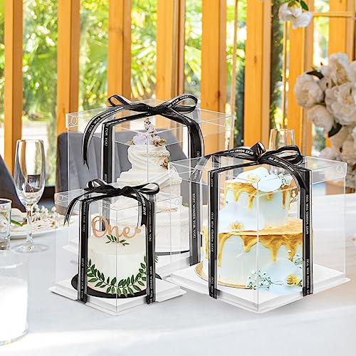 6 Sets Clear Cake Box with Cake Boards Ribbons, 10 Inch 8 Inch 7 Inch Multiple Sizes Transparent Cake Containers Pack Baking Box for Wedding Birthday Anniversary Portable Tall Layer Bakery Box (Black)