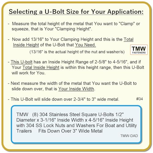 TMW - (8) 304 Stainless Steel Square U-Bolts 1/2" Diameter x 3-1/16" Inside Width x 4-5/16" Inside Height with 304 SS Lock Nuts and Washers for Boat and Utility Trailers Made in The U.S.A.
