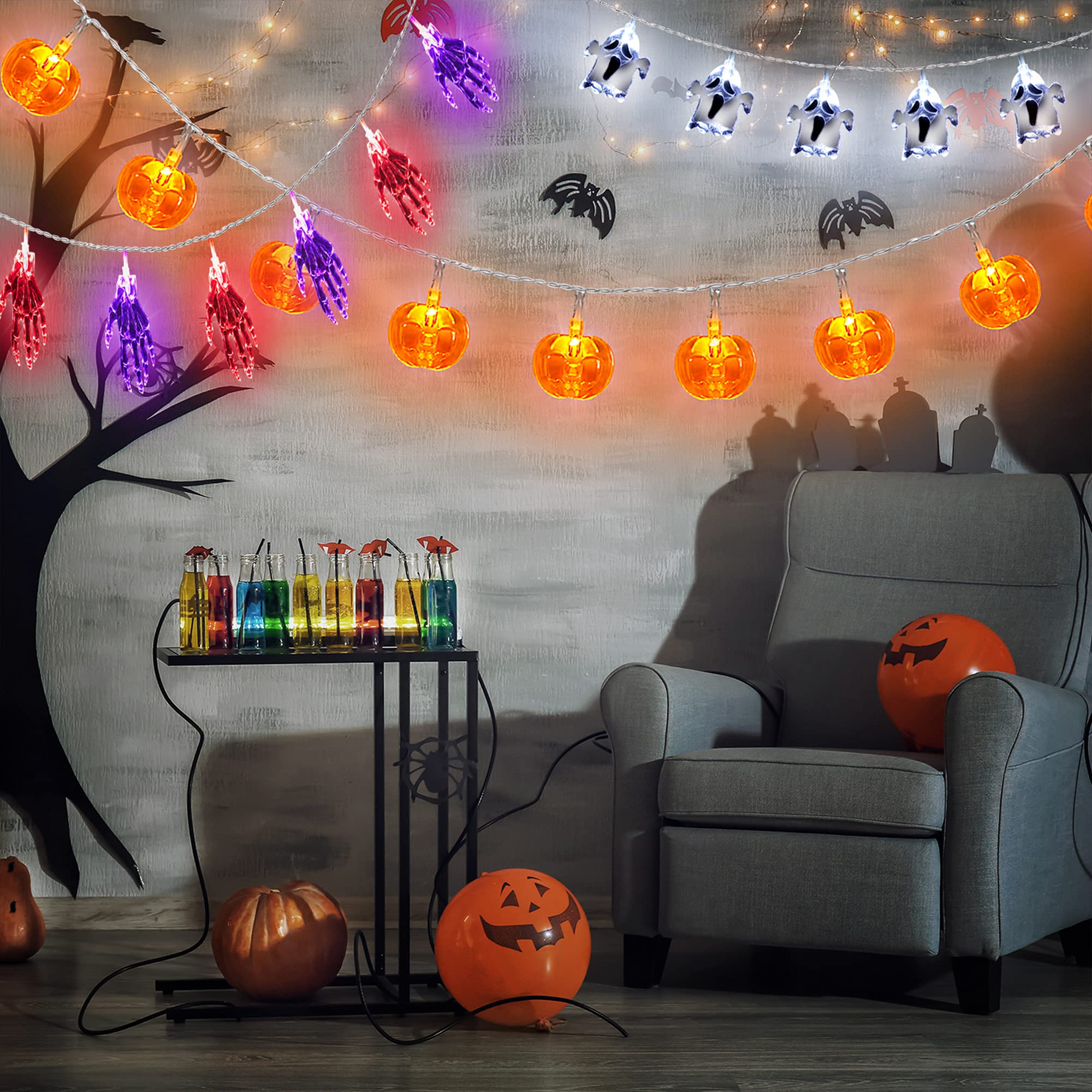 3Pcs Halloween Spooky Decorative String Lights, 54 LED 9.8ft Battery Powered Hand Ghost Pumpkin Party Light String Halloween Decorations for Lawn Garden Porch Door Window Wall Home Halloween Decor