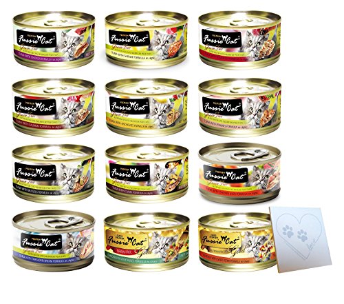 Fussie Cat Huge Variety Pack - 12 Flavors: Tuna & Shrimp, Chicken & Liver, Tuna & Prawn, Tuna & Bream, Chicken & Vegetable, Tuna & Clam, (1) Pet Paws Notepad and More! (2.82oz Each, 12 Total Cans)