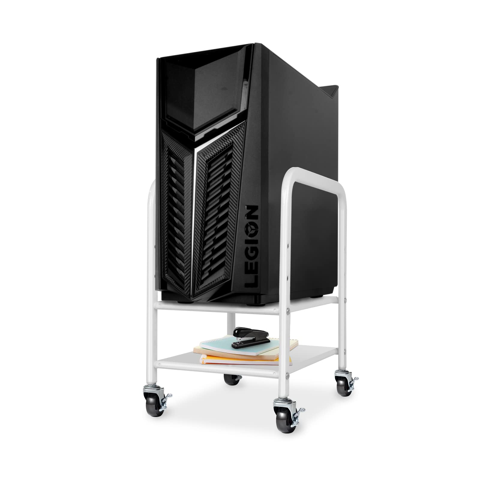 360Tronics Computer Tower Stand White, 2-Tier Height Adjustable Desktop PC Stand for Carpet, Mobile Tower Cart Under Desk, Full Metal Rolling CPU Holder with 360° Locking Wheels for Office Home