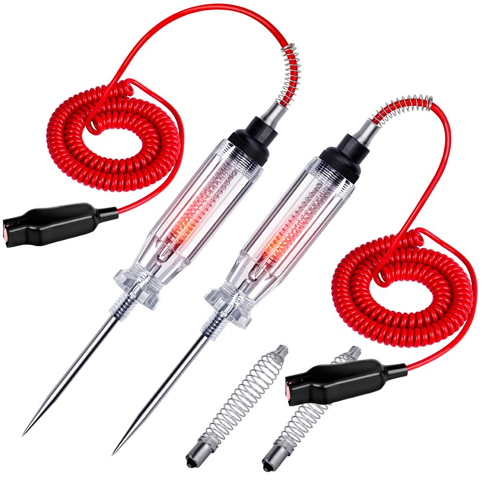 2PCS Heavy Duty Automotive Circuit Tester, Premium 6-24V Test Light with Extended Spring Test Leads & Sharp Piercing Probe, Circuit Voltage Tester with Replacement Indicator Light for Car/Vehicles
