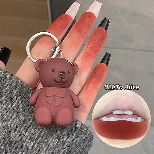 3Pcs Keychain Bear Lipsticks, 2 in 1 Key Chain Bear Lipstick Mist Matte Velvet Lipgloss Moisturizing Lip Stain Waterproof Long Lasting Bear Lip Gloss with Keychain Cute Bear Beauty Makeup (01+02+06)