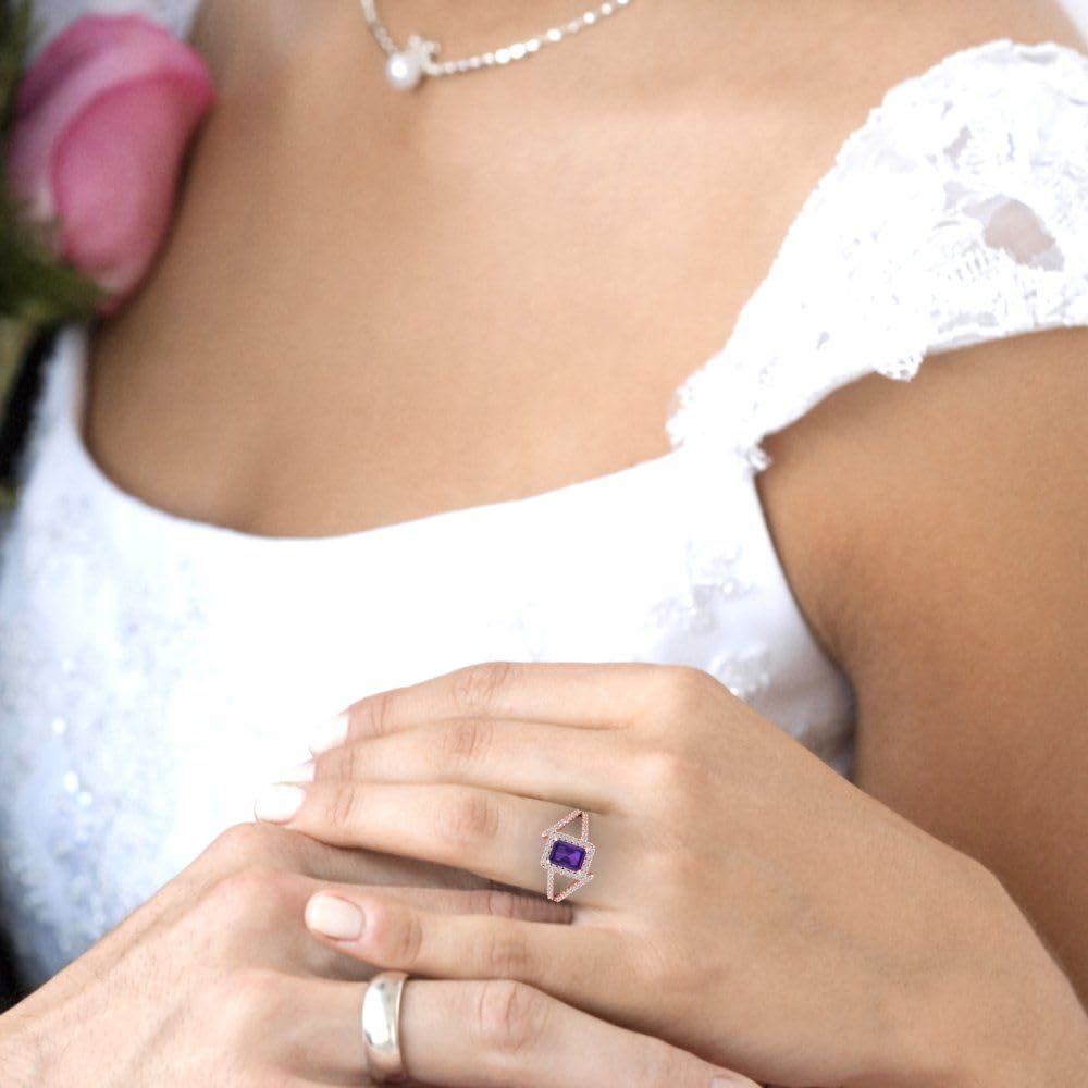 2.10ct Emerald Cut Solitaire Halo Criss Cross Natural Amethyst Designer Anniversary Bridal Engagement Ring 14k Rose Gold 10.75