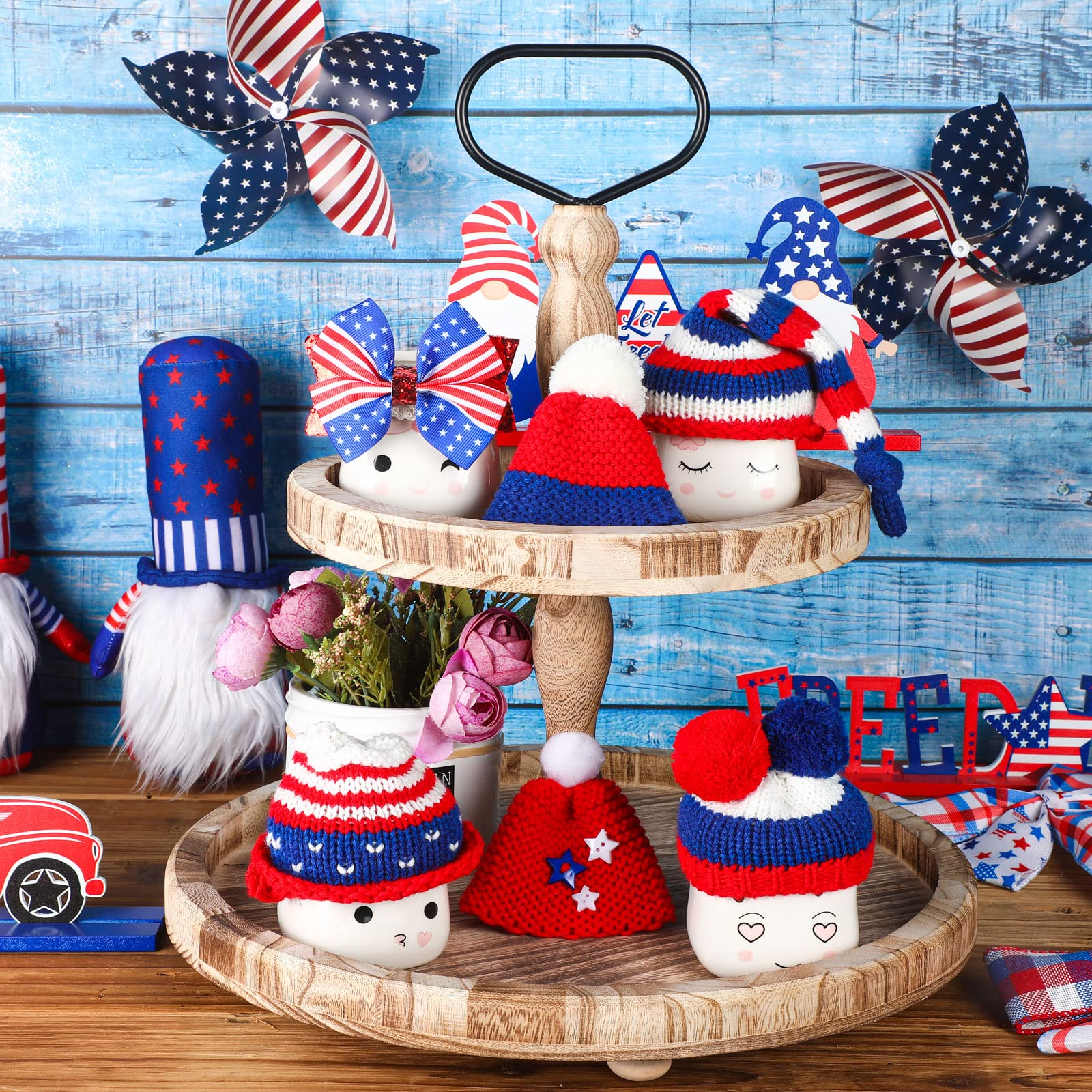 6 Pieces 4th of July Marshmallow Mug Hat Crochet Independence Day Mug Topper Hat Knitted Cup Head Mug Set Mini Marshmallow Mug Topper Decorative Mug Hat Cover for Coffee Mug Tiered Tray Decor