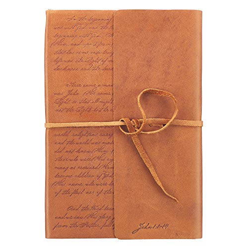 Brown Classic Full Grain Leather Writing Journal/Notebook | The Beginning John 1:1-14 | Wrap Closure Notebook, 400 Lined Pages w/Inspirational Scripture, 6 x 8.5 Inches