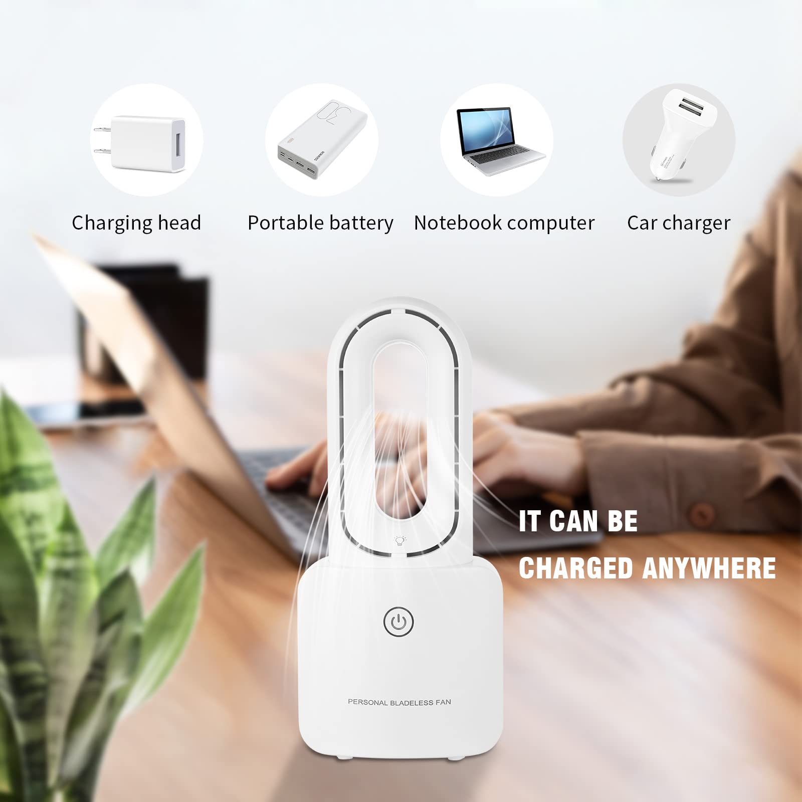 Bladeless Desk Fan Rechargeable, Small Bladeless Personal Fan Quiet Mini Table Fan, 12''Small Fan for Bedroom and Office, USB or 4000mAh Battery Operated, with Touch Control 6-Colors LED Light