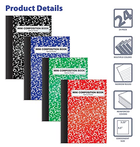 Mini Composition Books, 24 Pack, 4.5 x 3.25 inches, 80 Sheets, Narrow Ruled, by Better Office Products, Marble Covers in Red, Blue, Black, Green, 24 Pack