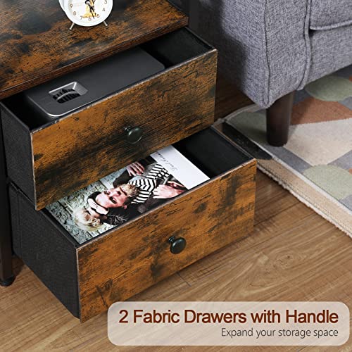 AMHANCIBLE End Table Living Room with Charging Station, Side Table with Fabric Drawer, Small Side Table with USB Ports and Outlets for Small Spaces Rustic Brown and Black HET05XBR1