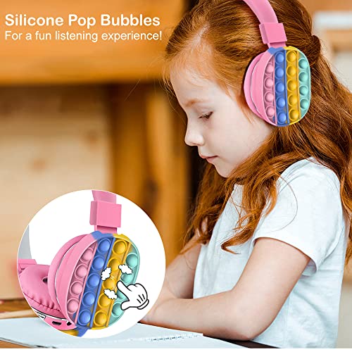 Acuvar Wireless or Wired Bluetooth 5.2 Rechargeable Over The Ear Headphones with Silicone Fidget Pop Bubbles Microphone, Powerful Surround Stereo Bass and Passive Noise Cancelling (Pink)